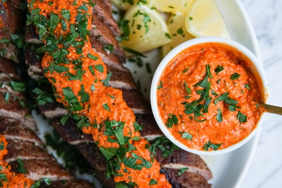 Spice Rubbed Pork Tenderloin with Hazelnut Romesco | Natalie Cooks