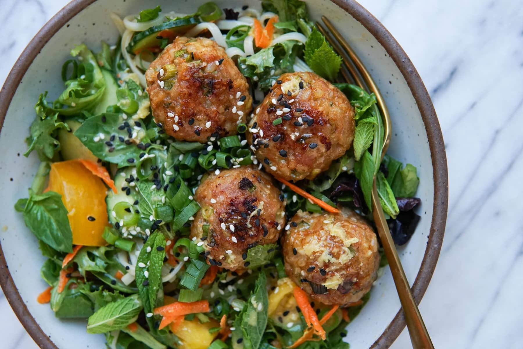 Sesame Chicken Meatball Salad with Orange Ginger Dressing | Natalie Cooks