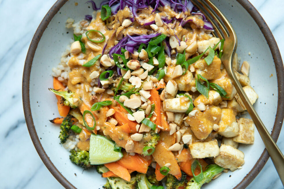 Rainbow Rice Bowls with Spicy Curry Peanut Sauce | Natalie Cooks