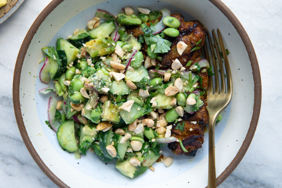 Grilled Curry Chicken with Cucumber Avocado Salad | Natalie Cooks