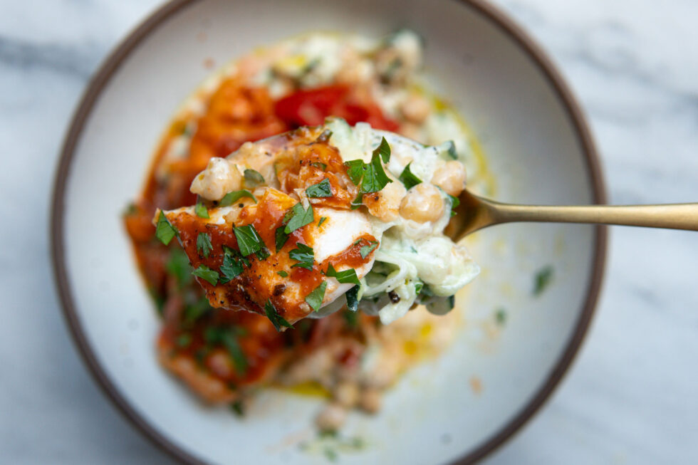 Tomato Poached Cod with Tzatziki Chickpeas | Natalie Cooks