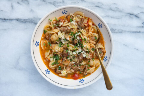 One Pot Brothy Tomato Pasta with Sausage and Beans (Instant Pot option ...