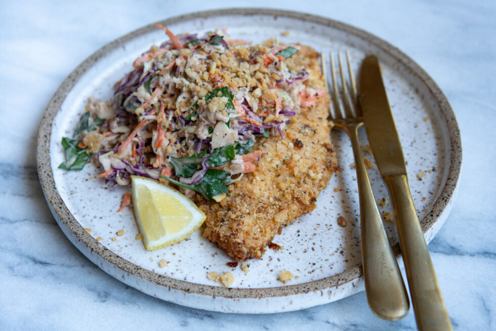 Crispy Chicken with Farro Cabbage Caesar Slaw | Natalie Cooks
