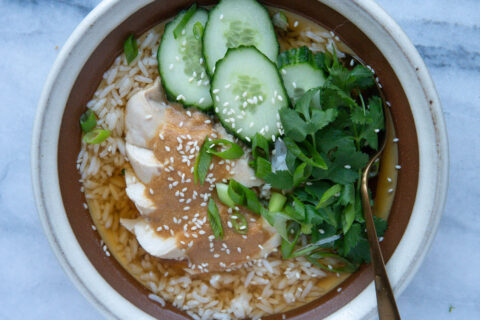 Poached Chicken and Rice Bowls with Sesame Ginger Sauce | Natalie Cooks