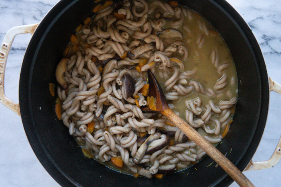 One Pot Brothy Mushroom Lentil Pasta | Natalie Cooks