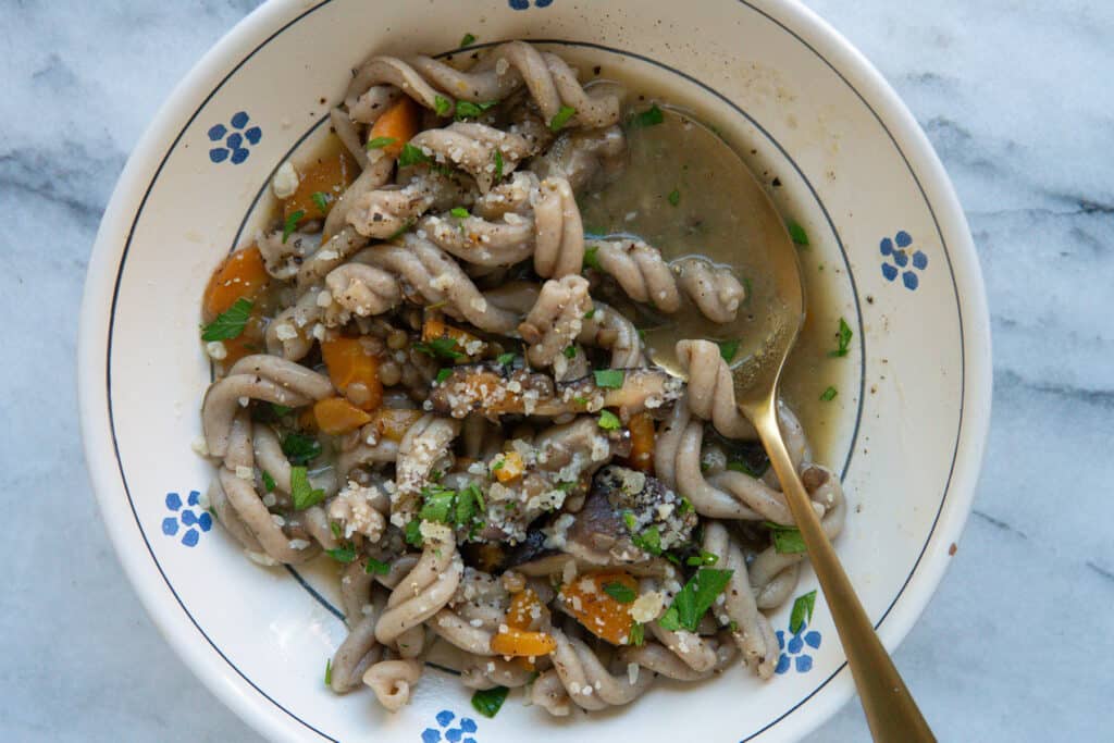 One Pot Brothy Mushroom Lentil Pasta | Natalie Cooks